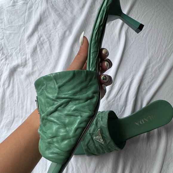Prada | Shoes | Green Prada Heeled Slide Sandals With Wet Look | Poshmark